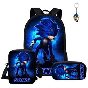 gdfendu 3 pcs anime hedgehog backpack with keychain,16in teens travel laptop backpack boy girl school bookbag. (c)