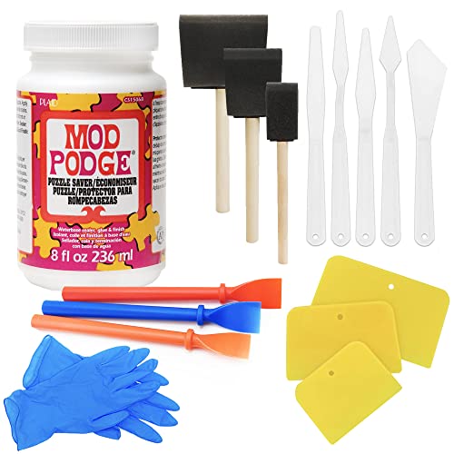 Mod Podge Puzzle Saver Glue Kit, Adhesive Brushes for Jigsaw Puzzles, Boards, Mats, Pixiss Accessory Kit with Glue Spreaders, Gloves, Brushes, Palette Knife Set