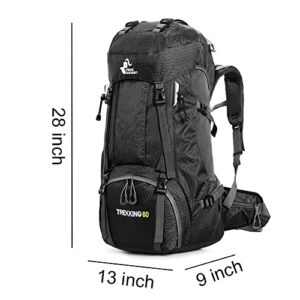 Bginuog Hiking Backpack 60L Waterproof Hiking Rucksack with Rain Cover for Camping Hiking Daypack (Black) (0395)