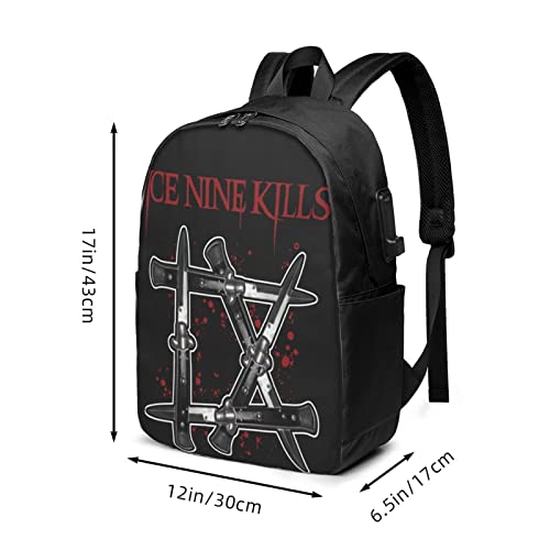 Ice Heavy Nine Metal Kills Backpack with USB Charging/Headphone Port Laptop Bag Student Shoulders Daypack Basic Unisex Lightweight Backpack for Boy&Girl&Men&Women with Bottle Side Pockets 17 IN