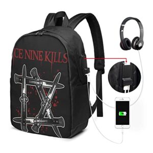 Ice Heavy Nine Metal Kills Backpack with USB Charging/Headphone Port Laptop Bag Student Shoulders Daypack Basic Unisex Lightweight Backpack for Boy&Girl&Men&Women with Bottle Side Pockets 17 IN