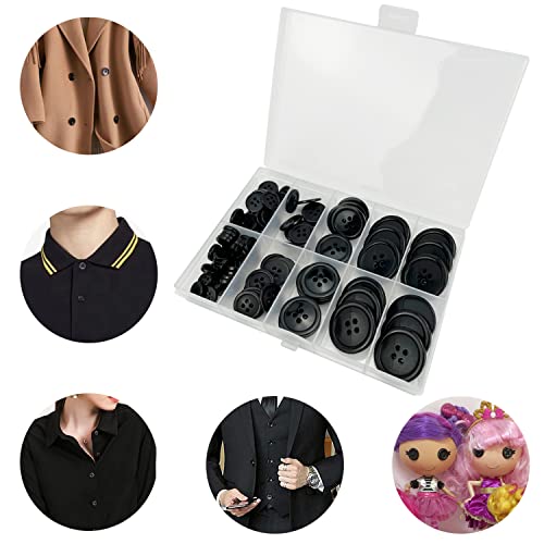 Wennuo 100Pcs Black Sewing Buttons,4-Hole Craft Buttons, 5 Sizes ,with Compartment Storage Box, Suitable for Sewing,Suit Coat Shirt Buttons，DIY Decoration (Black)