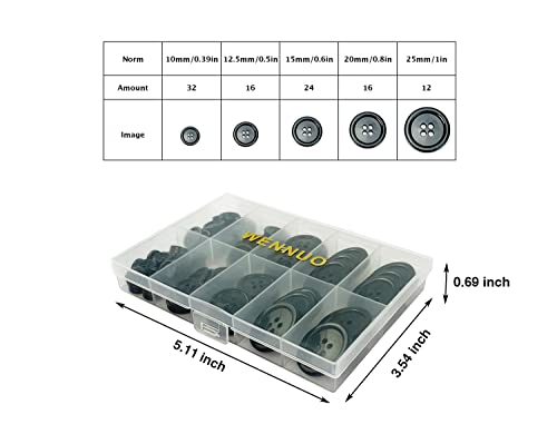 Wennuo 100Pcs Black Sewing Buttons,4-Hole Craft Buttons, 5 Sizes ,with Compartment Storage Box, Suitable for Sewing,Suit Coat Shirt Buttons，DIY Decoration (Black)