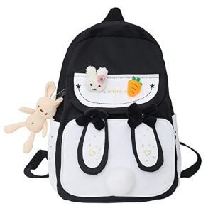 kawaii bunny ears backpack with bunny plush cute japanese backpack for school teen girls kawaii stuff school supplies (black)