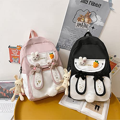 Kawaii Bunny Ears Backpack with Bunny Plush Cute Japanese Backpack for School Teen Girls Kawaii Stuff School Supplies (Black)