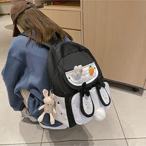 Kawaii Bunny Ears Backpack with Bunny Plush Cute Japanese Backpack for School Teen Girls Kawaii Stuff School Supplies (Black)