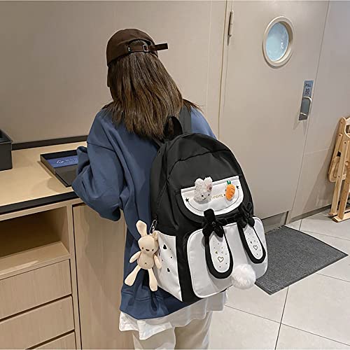 Kawaii Bunny Ears Backpack with Bunny Plush Cute Japanese Backpack for School Teen Girls Kawaii Stuff School Supplies (Black)