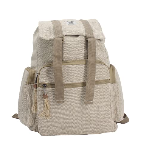 Fwosi Handmade Beige Laptop Backpack - Pure Hemp Bookbag for School, Day Hiking & Travel - Lightweight, Multi-Pocket, 5 Compartments for Books, Purse, Wallet, Everyday Accessories - Crafts from Nepal