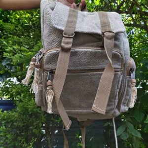 Fwosi Handmade Beige Laptop Backpack - Pure Hemp Bookbag for School, Day Hiking & Travel - Lightweight, Multi-Pocket, 5 Compartments for Books, Purse, Wallet, Everyday Accessories - Crafts from Nepal