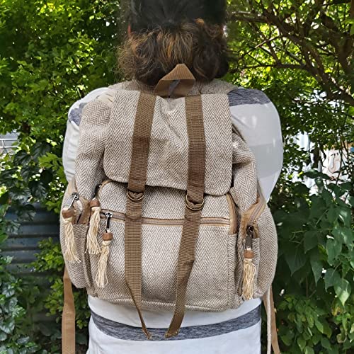 Fwosi Handmade Beige Laptop Backpack - Pure Hemp Bookbag for School, Day Hiking & Travel - Lightweight, Multi-Pocket, 5 Compartments for Books, Purse, Wallet, Everyday Accessories - Crafts from Nepal