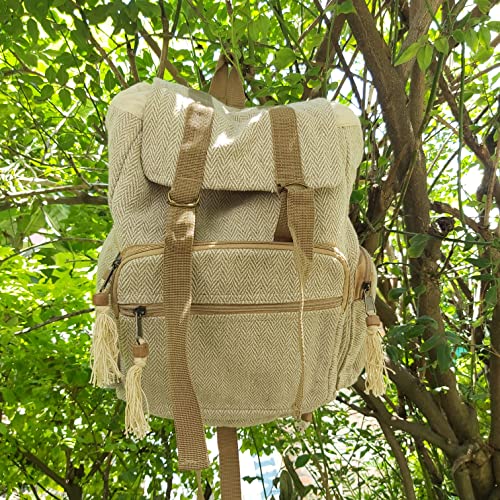 Fwosi Handmade Beige Laptop Backpack - Pure Hemp Bookbag for School, Day Hiking & Travel - Lightweight, Multi-Pocket, 5 Compartments for Books, Purse, Wallet, Everyday Accessories - Crafts from Nepal