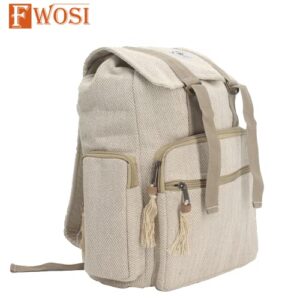 Fwosi Handmade Beige Laptop Backpack - Pure Hemp Bookbag for School, Day Hiking & Travel - Lightweight, Multi-Pocket, 5 Compartments for Books, Purse, Wallet, Everyday Accessories - Crafts from Nepal