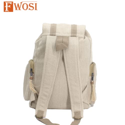 Fwosi Handmade Beige Laptop Backpack - Pure Hemp Bookbag for School, Day Hiking & Travel - Lightweight, Multi-Pocket, 5 Compartments for Books, Purse, Wallet, Everyday Accessories - Crafts from Nepal