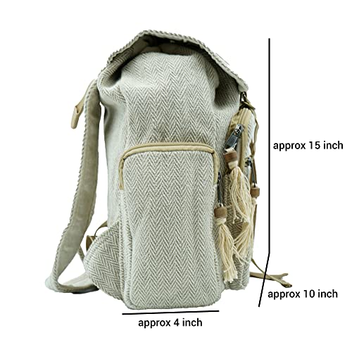 Fwosi Handmade Beige Laptop Backpack - Pure Hemp Bookbag for School, Day Hiking & Travel - Lightweight, Multi-Pocket, 5 Compartments for Books, Purse, Wallet, Everyday Accessories - Crafts from Nepal