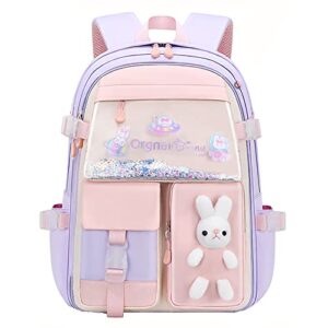 bunny backpack, kawaii bunny backpack for girls, large capacity waterproof kawaii bookbag for grades 1-6 (purple, large)