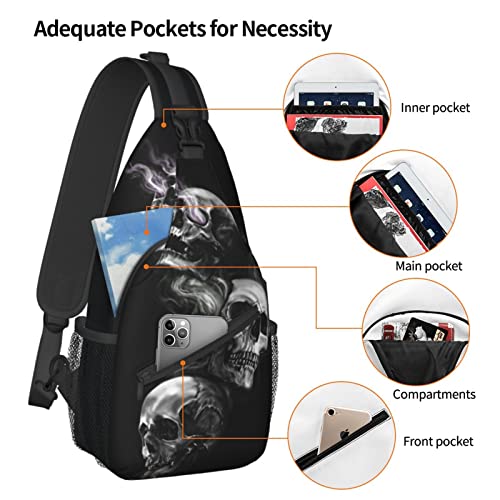 Heisin Black Skull Shoulder Chest Casual Bags Crossbody Sling Backpack With Adjustable Strap Daypack For Men And Women Travel Hiking Climbing Rucksack One Size