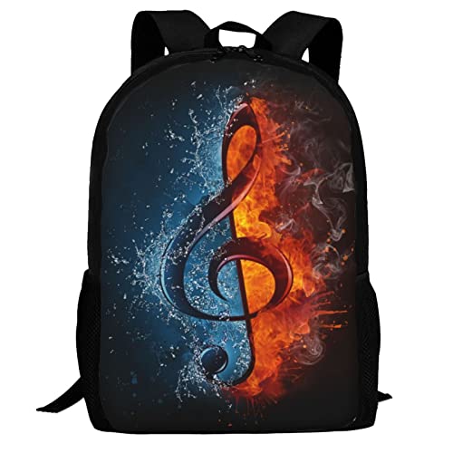 FREE LION Kids Music Backpack for Boys Girls Fire and Water Musical Guitar Bookbags Elementary Middle High School Bag Large Capacity 17 inch Big Student Backpack for School and Travel