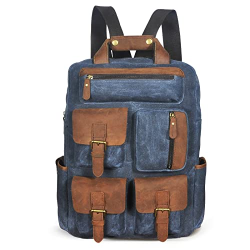 Handadsume Water Resistant Canvas + Leather Large Travel Backpack Rucksack Knapsack Laptop School Bag For Men FB1170 (The Blue)