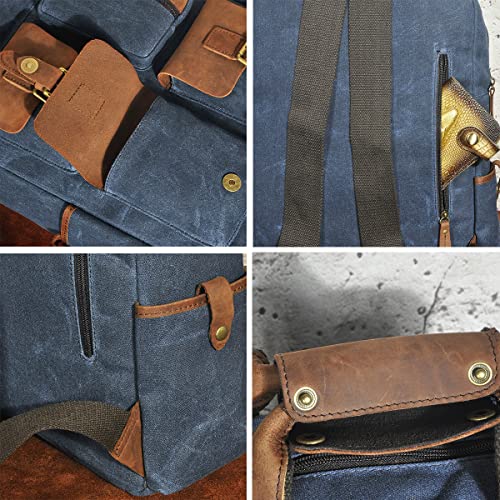 Handadsume Water Resistant Canvas + Leather Large Travel Backpack Rucksack Knapsack Laptop School Bag For Men FB1170 (The Blue)