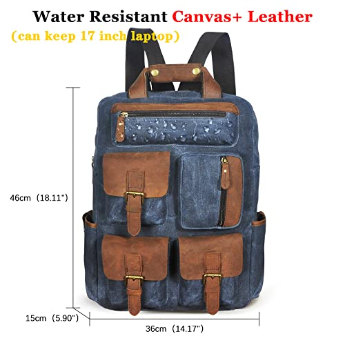 Handadsume Water Resistant Canvas + Leather Large Travel Backpack Rucksack Knapsack Laptop School Bag For Men FB1170 (The Blue)