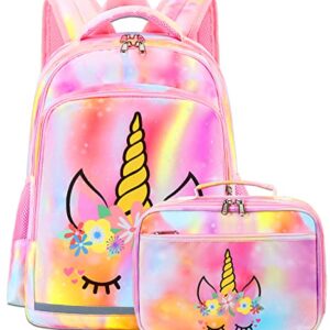 Girls Backpack for Kids Preschool Backpack with Lunch Box Kindergartern School Bookbags Set (Rainbow Unicorn)