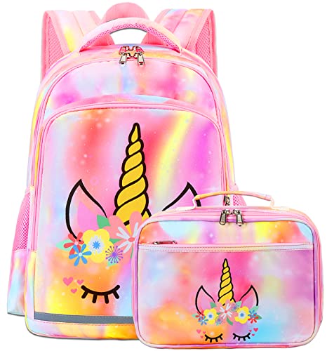 Girls Backpack for Kids Preschool Backpack with Lunch Box Kindergartern School Bookbags Set (Rainbow Unicorn)