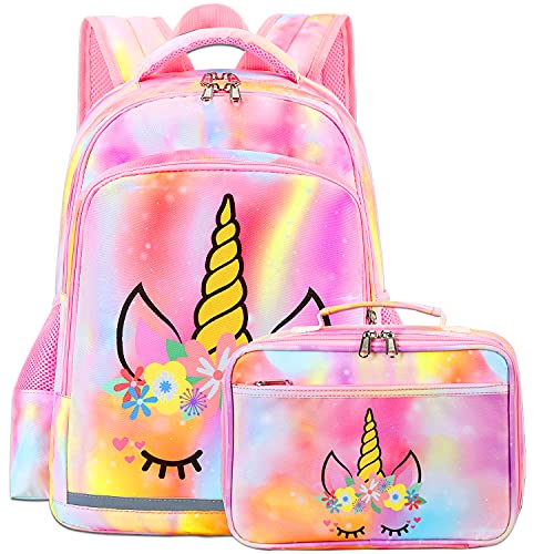 Girls Backpack for Kids Preschool Backpack with Lunch Box Kindergartern School Bookbags Set (Rainbow Unicorn)