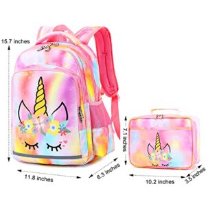 Girls Backpack for Kids Preschool Backpack with Lunch Box Kindergartern School Bookbags Set (Rainbow Unicorn)