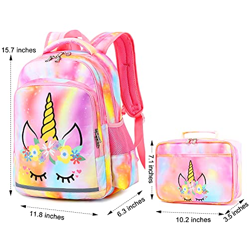 Girls Backpack for Kids Preschool Backpack with Lunch Box Kindergartern School Bookbags Set (Rainbow Unicorn)