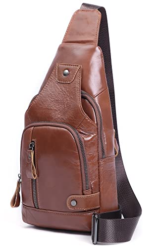 COSZEA Genuine Leather Crossbody Chest Bag Casual Shoulder Sling Bag Travel Hiking Backpacks (Brown)