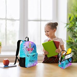 Personalized Name Teen School Backpack, Unicorn Glitter Bookbag Set with Insulated Lunch Tote Pencil Case Travel Bag