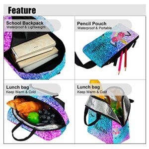 Personalized Name Teen School Backpack, Unicorn Glitter Bookbag Set with Insulated Lunch Tote Pencil Case Travel Bag