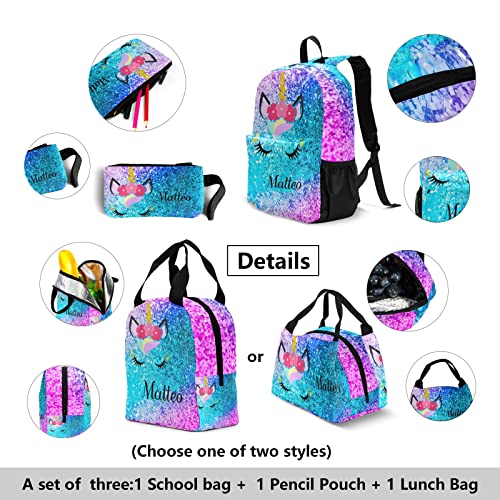 Personalized Name Teen School Backpack, Unicorn Glitter Bookbag Set with Insulated Lunch Tote Pencil Case Travel Bag