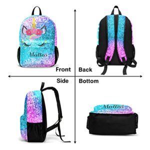 Personalized Name Teen School Backpack, Unicorn Glitter Bookbag Set with Insulated Lunch Tote Pencil Case Travel Bag