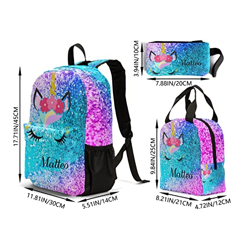 Personalized Name Teen School Backpack, Unicorn Glitter Bookbag Set with Insulated Lunch Tote Pencil Case Travel Bag