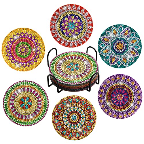 FSTSLK Diamond Art Kits - 6 Pcs Diamond Painting Coasters with Holder - DIY Mandala Coasters for Beginners, Adults & Kids Art Craft Supplies - Cool Valentines Day Gifts & Easter Basket Stuffers