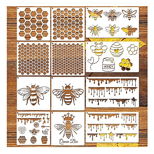 12 Pieces Bee Honeycomb Stencil, Reusable Bee Stencils for Painting on Wood Signs Furniture DIY Crafts Wall Canvas Fabric Plastic Drawing Template Hexagon Paint Wood Burning Stencils (bee)