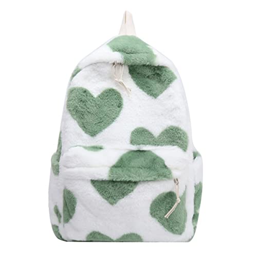 Tomato City Fuzzy Backpack Fluffy School Shoulder Bag Purse Pink Heart Pattern (Green Heart,Faux Fur), Medium