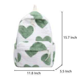 Tomato City Fuzzy Backpack Fluffy School Shoulder Bag Purse Pink Heart Pattern (Green Heart,Faux Fur), Medium