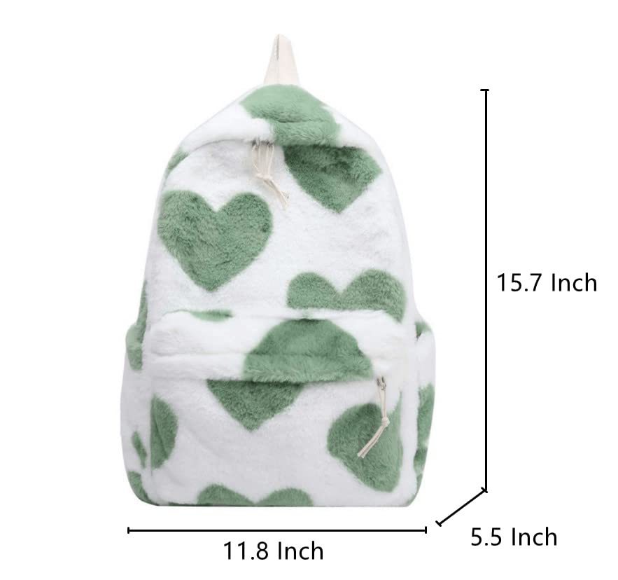 Tomato City Fuzzy Backpack Fluffy School Shoulder Bag Purse Pink Heart Pattern (Green Heart,Faux Fur), Medium