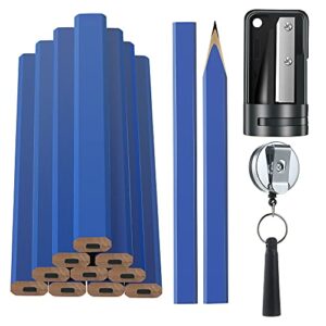 14 pieces carpenter pencil, 7 inches flat octagonal hard black carpenter marking pencils with pencil sharpener and silicone heavy duty retractable pen holder for woodworking marking tool