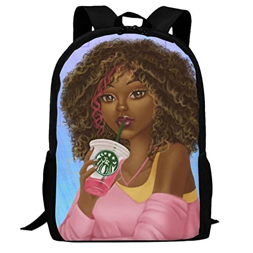 SARA NELL School Backpack Black Art Afro Girl Drink Juice African American Girl Bookbag Casual Travel Bag For Teen Boys Girls