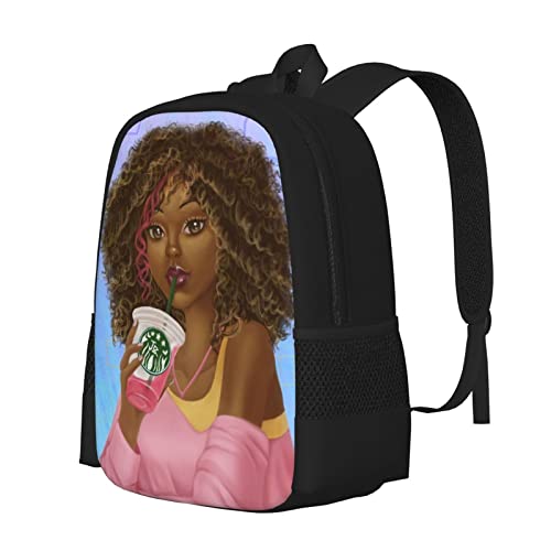 SARA NELL School Backpack Black Art Afro Girl Drink Juice African American Girl Bookbag Casual Travel Bag For Teen Boys Girls