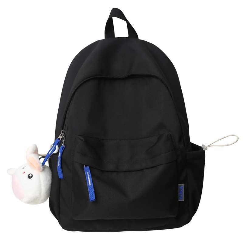 Aesthetic Backpack with Cute Plush Pendant Y2K Preppy Laptop Bookbag Indie School Supplies Back to School Backpack (Black)