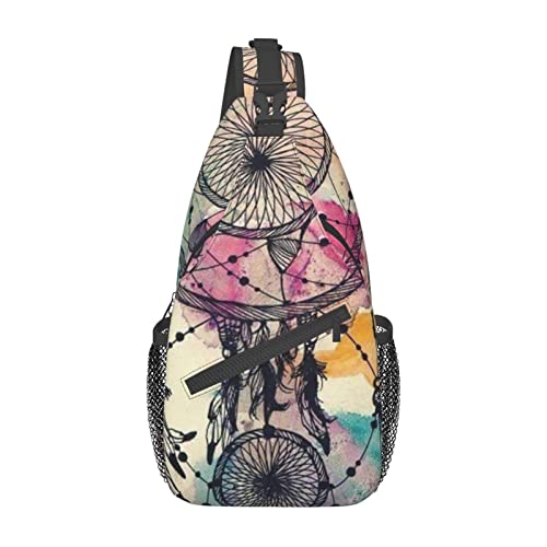 Men & Women Sling Backpack Outdoor Sport Daypack Travel Bag - Multipurpose Anti-Theft Carry On Bag, Breathable Chest Sling Shoulder Backpacks Bags, Vintage Dreamcatcher Art