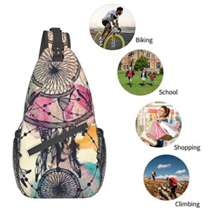 Men & Women Sling Backpack Outdoor Sport Daypack Travel Bag - Multipurpose Anti-Theft Carry On Bag, Breathable Chest Sling Shoulder Backpacks Bags, Vintage Dreamcatcher Art