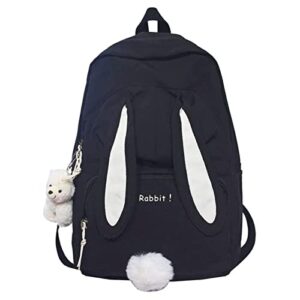 aqwei 3d kawaii bunny ear backpack with cute bear pendant for girl school bag travel backpack (black)