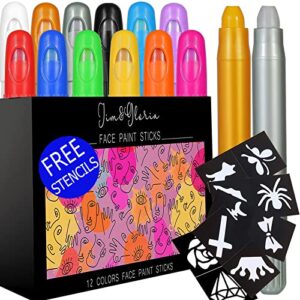 jim&gloria face paint kit with gold and silver 12 colors large washable face & body painting crayons with stencils kids toddlers and adults gifts crafts for christmas stocking stuffers safe for sensitive skin