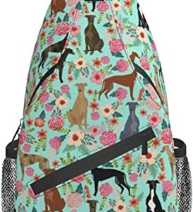 Greyhound Floral Cute Dog Mint Vintage Crossbody Sling Backpack Shoulder Bag for Men Women Sling Bag Travel Hiking Chest Bag Daypack