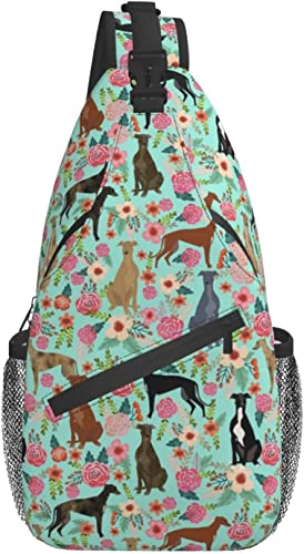 Greyhound Floral Cute Dog Mint Vintage Crossbody Sling Backpack Shoulder Bag for Men Women Sling Bag Travel Hiking Chest Bag Daypack